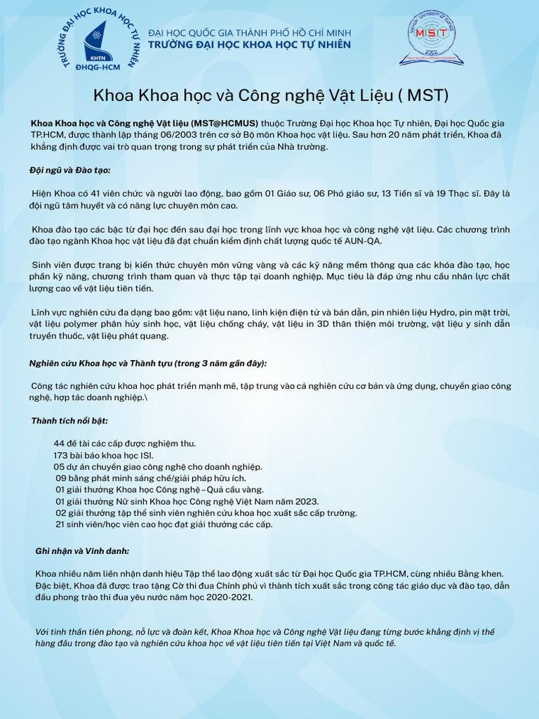Khoa Khoa học và Công nghệ Vật liệu (Mst@Hcmus) | PDF