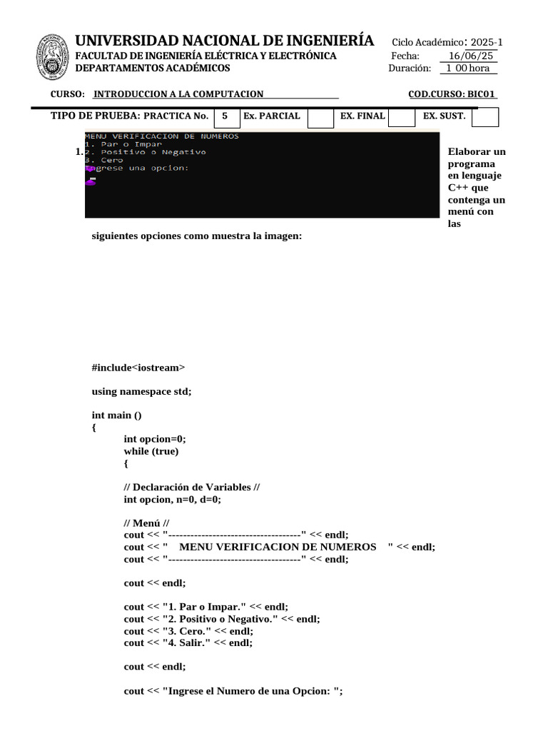 Solucionario Practica Calificada 5 - Curso Bic01 | PDF | C ++ | Ciencias de la Computación