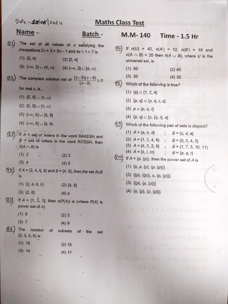 Maths Class Test: Set Theory & Functions | PDF | Mathematics ...