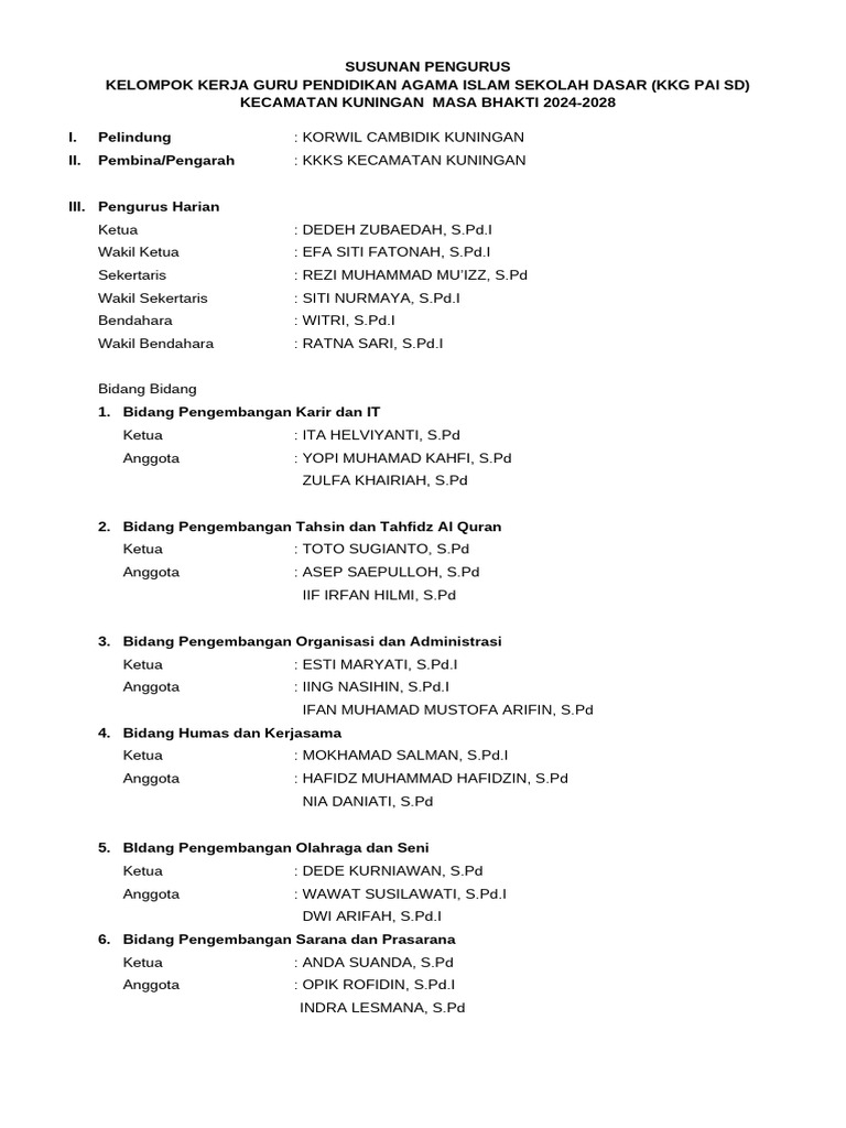 Draft Struktur Pengurus KKG Pai Kec. Kuningan | PDF