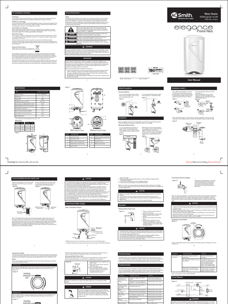 A.O. Smith Elegance Prime Neo Manual | PDF | Water Heating | Valve