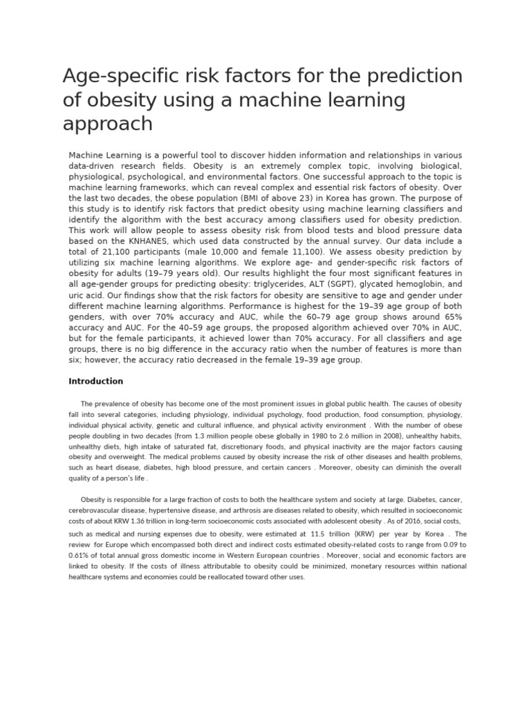 Age-Specific Risk Factors For The Prediction of Obesity Using A Machine ...