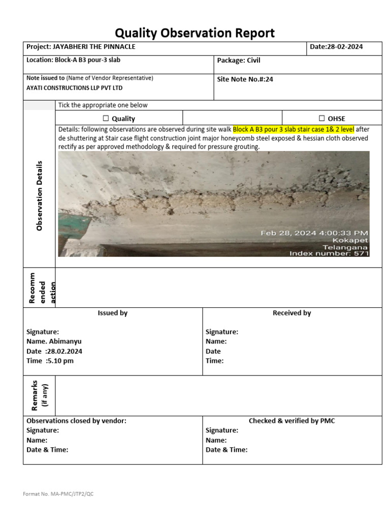 Quality Observation Report for Jayabheri Project | PDF