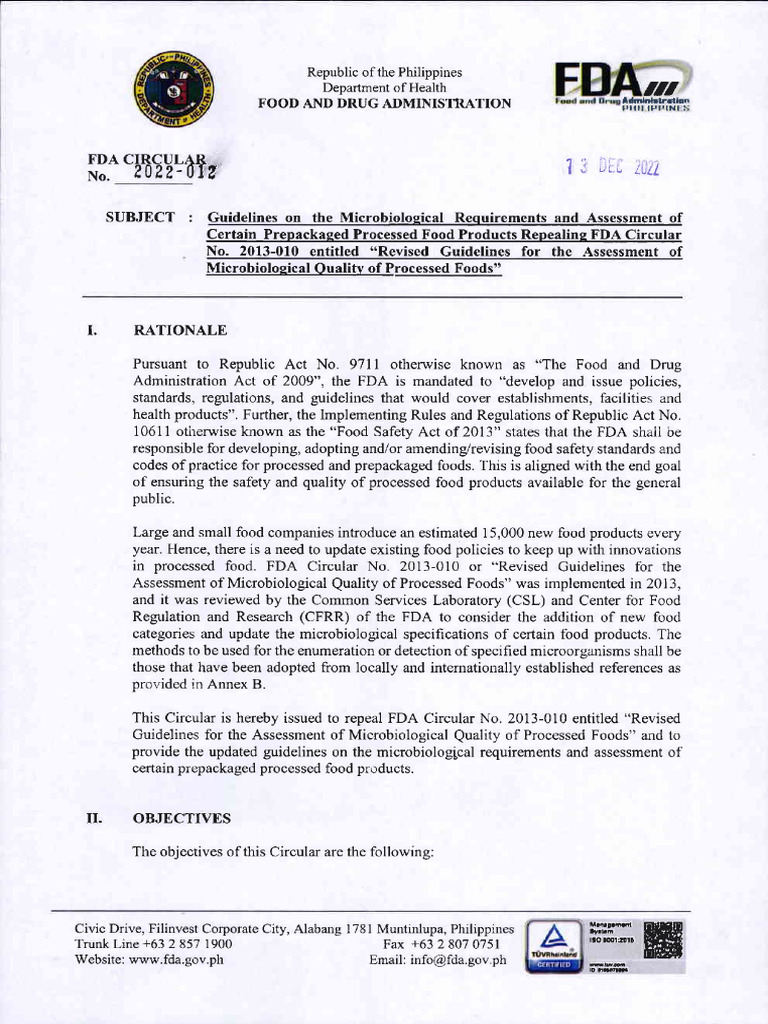 FDA-Circular-No.2022-12 Microbiological Standard | PDF