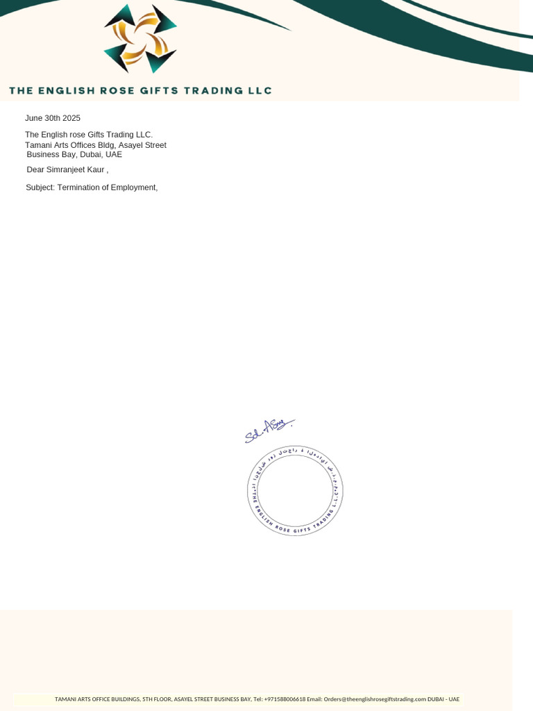 English Rose Termination Letter Simranjeet Kaur | PDF | Employment | Business