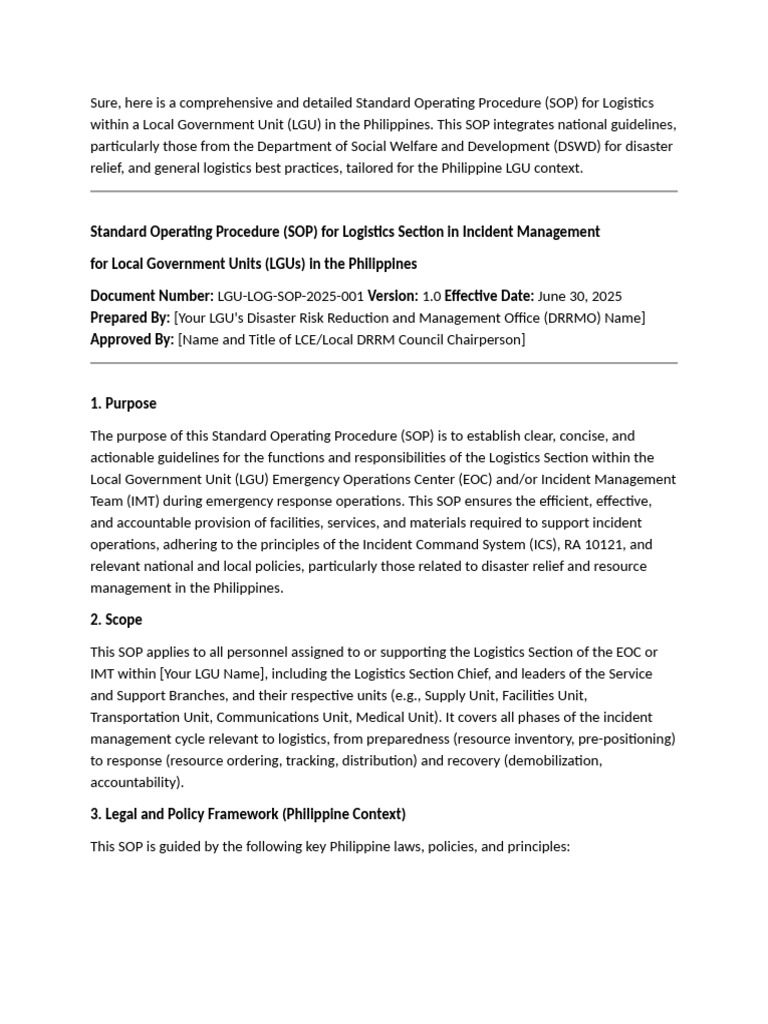 Standard Operating Procedure (SOP) For Logistics Section | PDF | Incident Command System | Logistics
