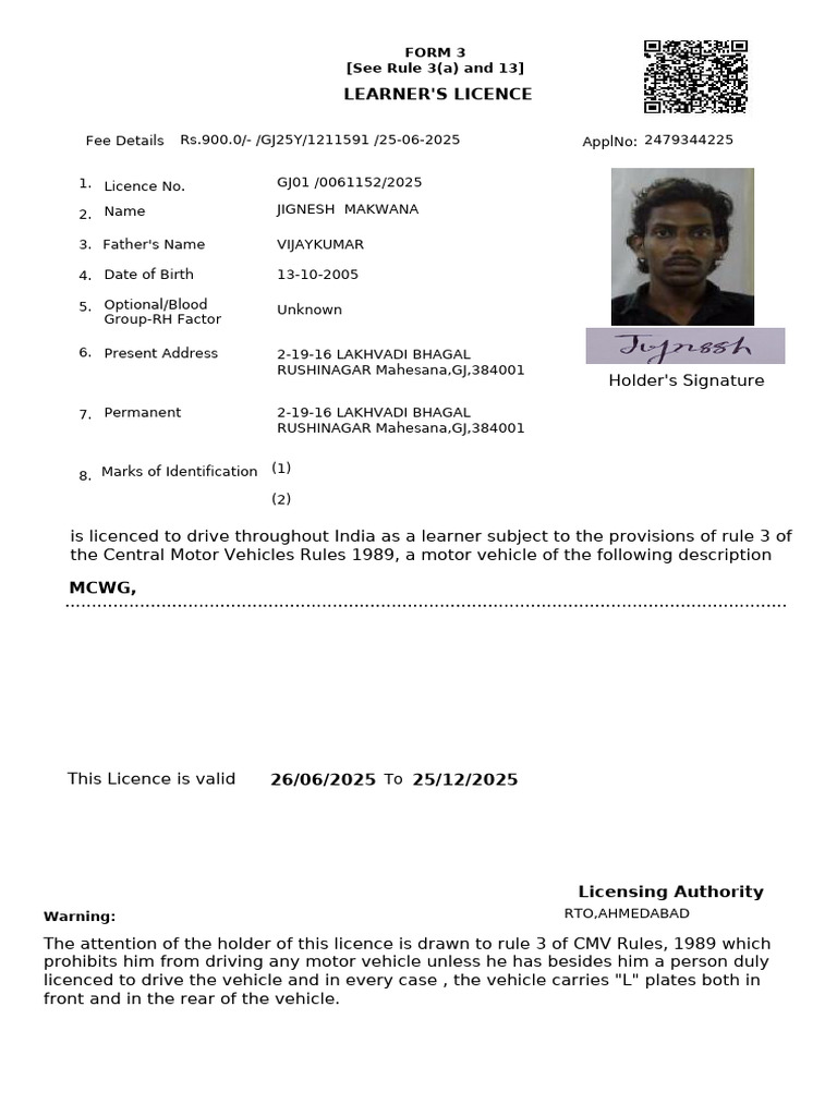 Learner'S Licence: Form 3 (See Rule 3 (A) and 13) | PDF