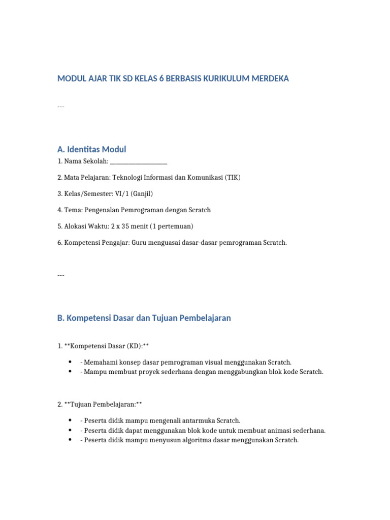 Modul Ajar TIK Kelas 6: Scratch | PDF