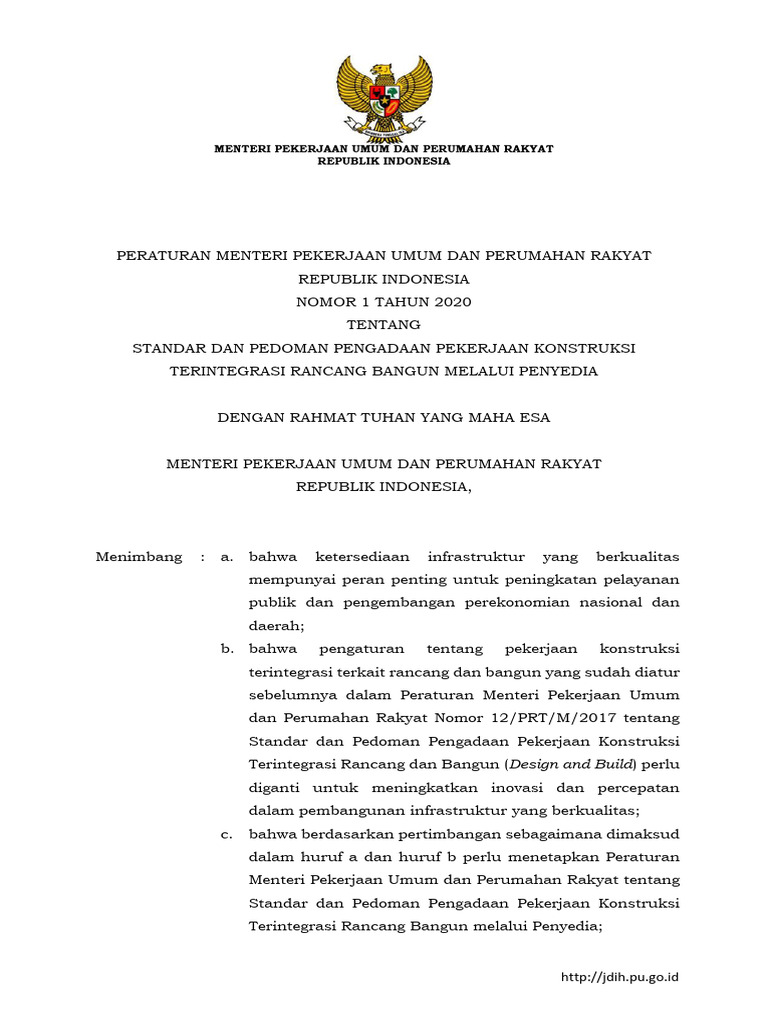 Permen PUPR Nomor 1 Tahun 2020 | PDF