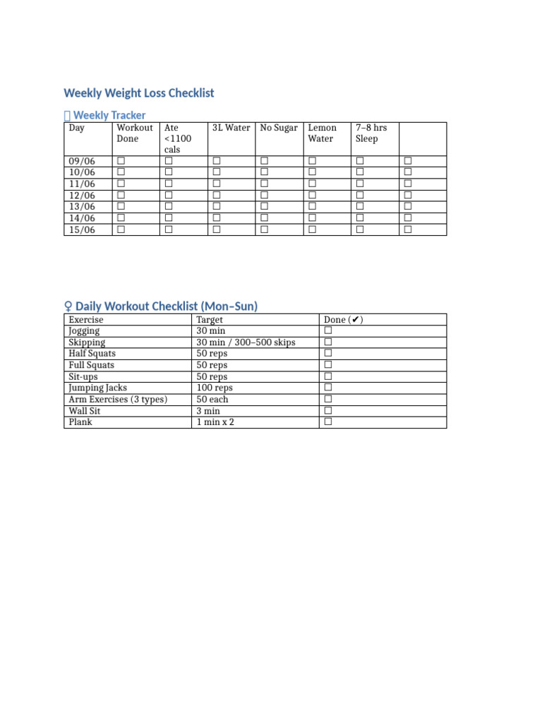 Weekly Weight Loss Checklist | PDF