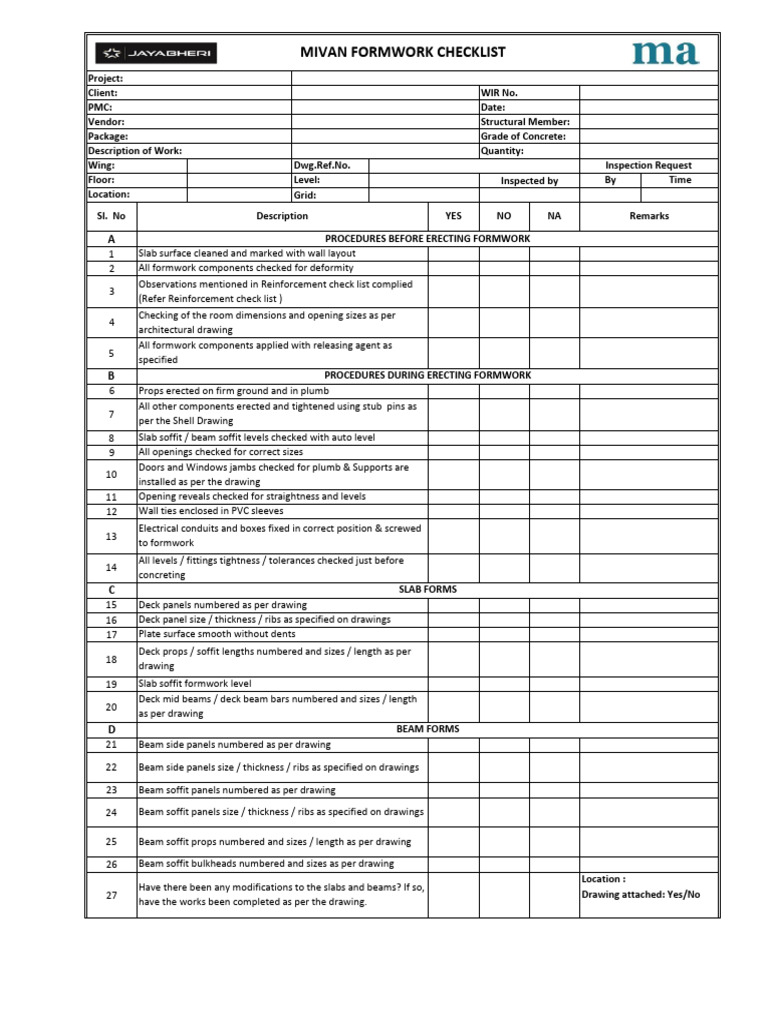 MIVAN Formwork Revised Checklist | PDF | Wall | Door