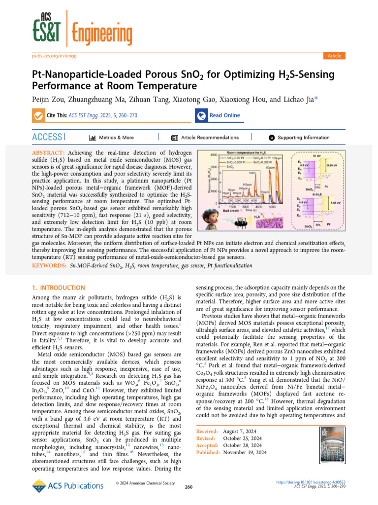 Zou Et Al 2024 PT Nanoparticle Loaded Porous Sno2 For Optimizing h2s ...