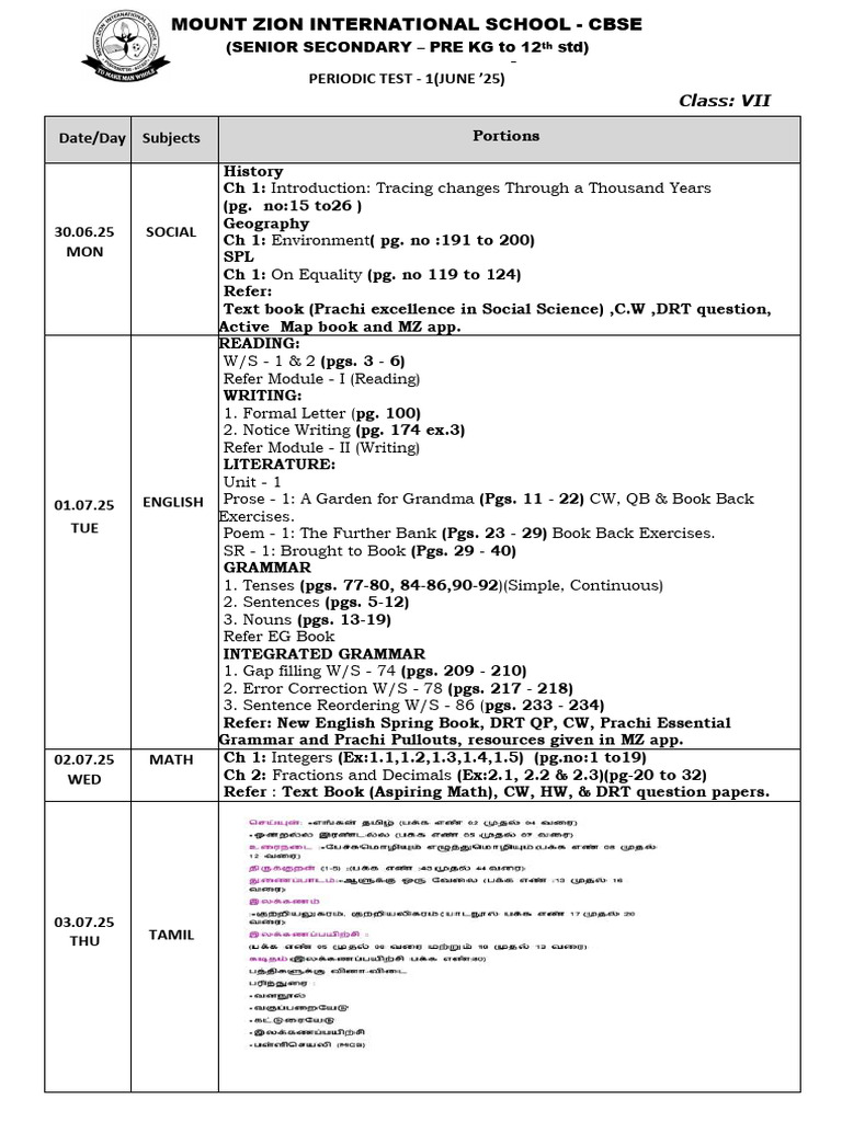 Grade 7 - Pt-1-Time Table With Portions 2025 | PDF | Linguistics
