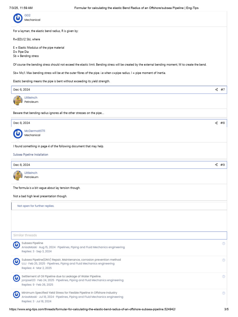 Formular For Calculating The Elastic Bend Radius of An Offshore ...
