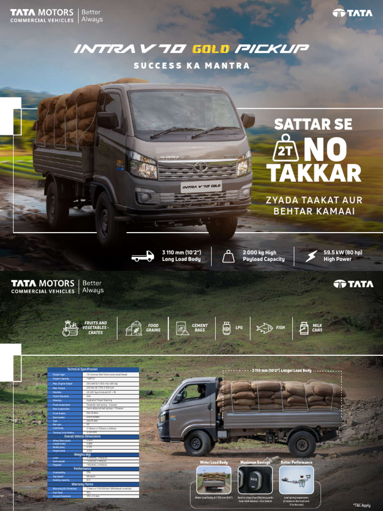 Tata Intra V70 Gold Specifications Guide | PDF | Steering | Brake