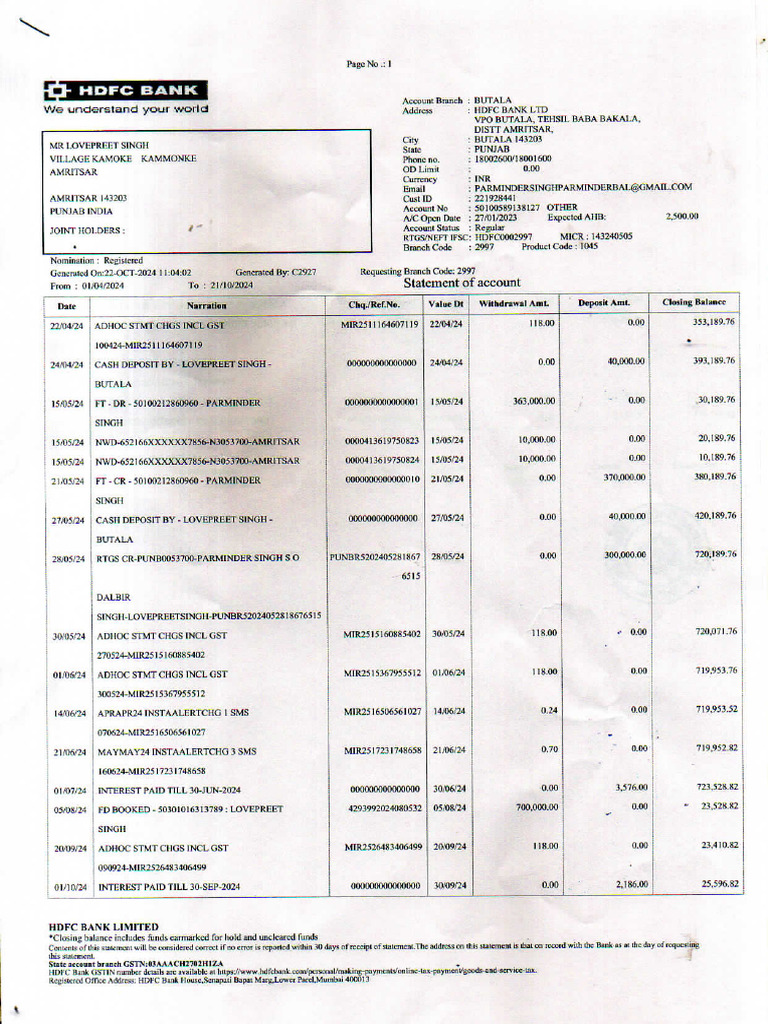 HDFC Bank Statement & Balance Certificate | PDF
