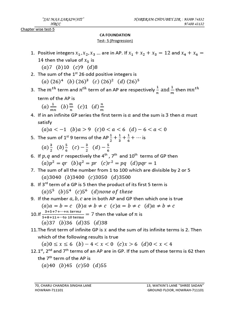 CA Foundation Test 5: Progression | PDF | Number Theory | Discrete ...