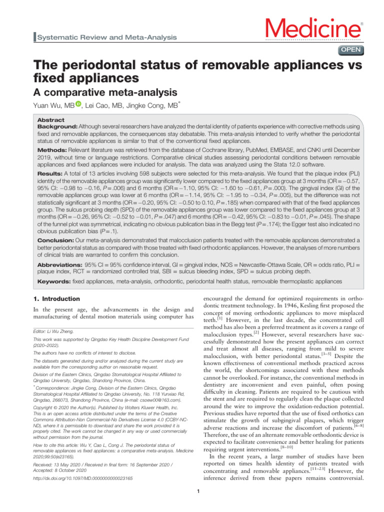 Wu - The Periodontal Status of Removable Appliances Vs Fixed Appliances ...