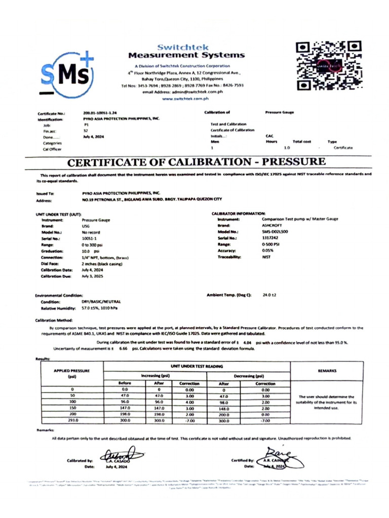 Calibration Cert. Pressure Gauge | PDF