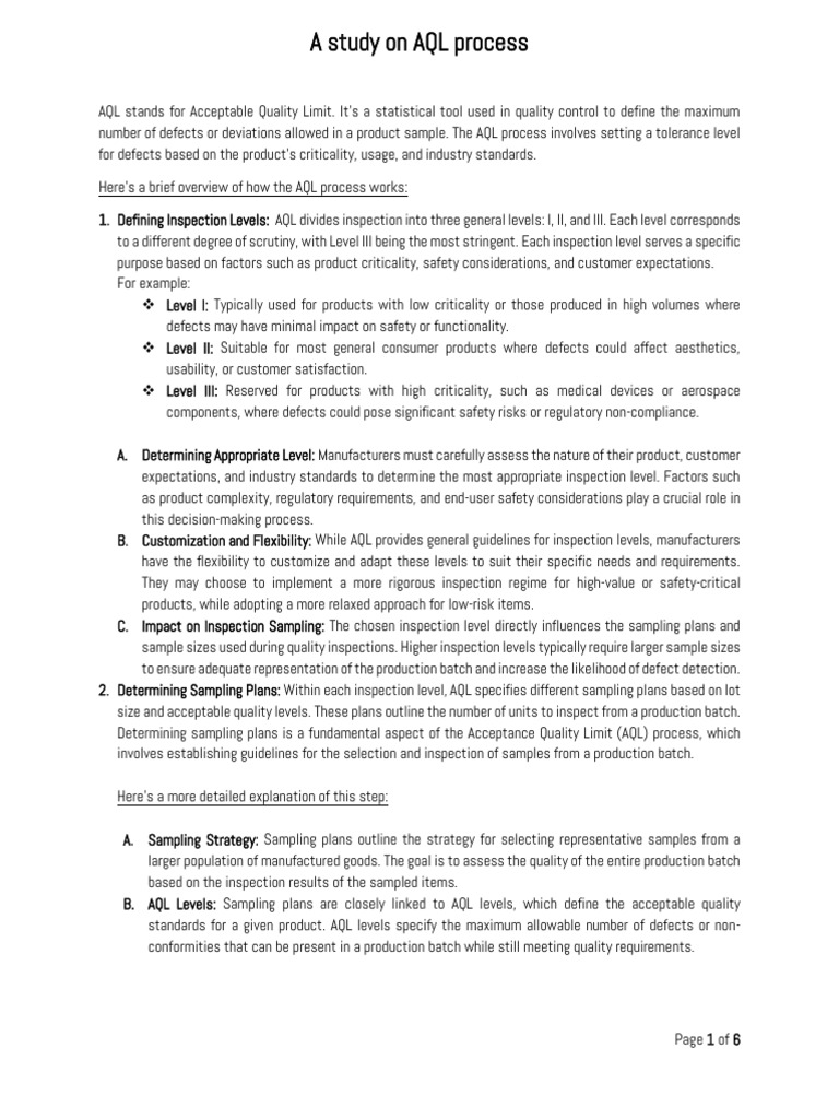 A Study On AQL Acceptable Quality Limit 11-02-24 | PDF | Sampling (Statistics) | Quality Assurance