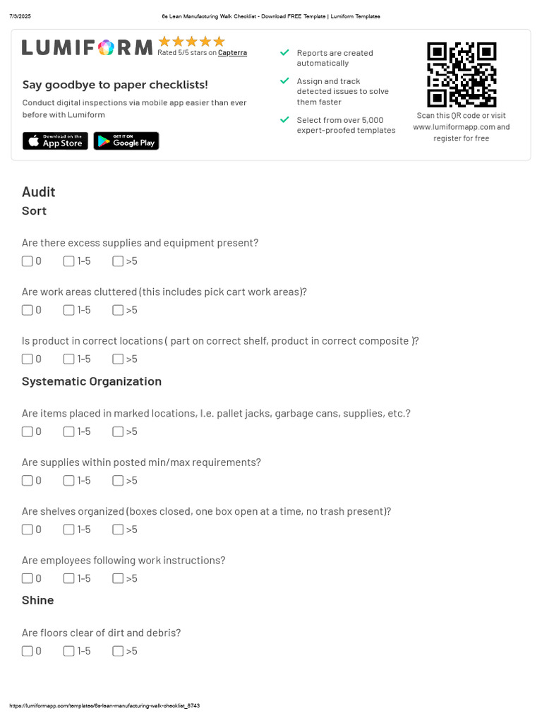 6s Lean Manufacturing Walk Checklist 8743 | PDF | Forklift | Pallet