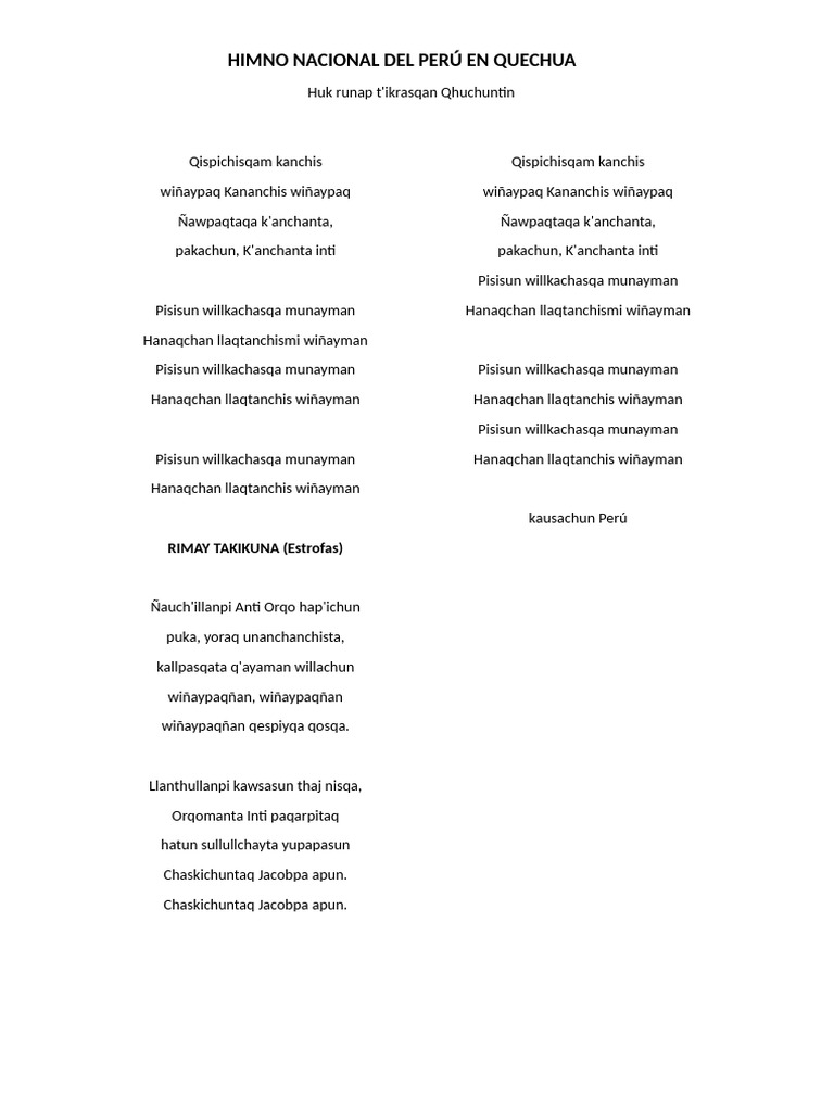 Himno Nacional en Quechua Válido | PDF