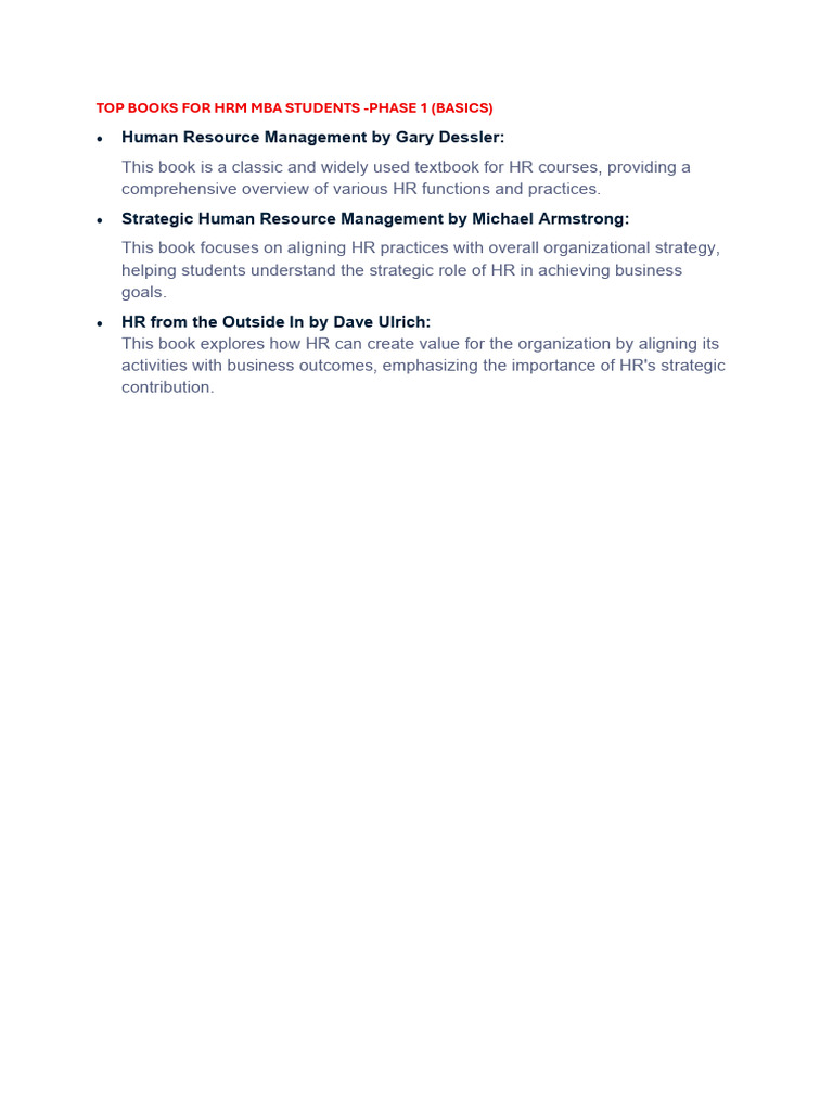 Top Books For HRM Mba Students | PDF | Human Resource Management ...