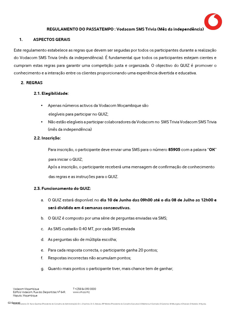 Regulamento Vodacom Sms Trivia 1929fc3125 | PDF | Moçambique
