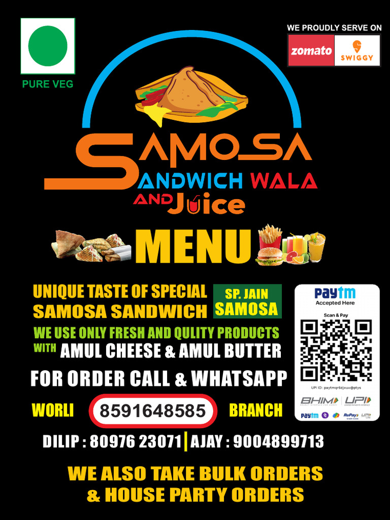 Samosa Sandwich and Juice Menu | PDF | Sandwich | Pizza
