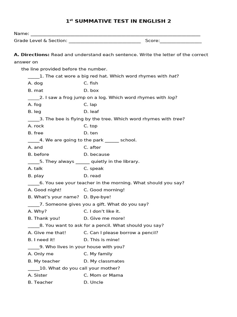 q1 1st Summative Test in English 2 Week 1 2 | PDF | Linguistics ...