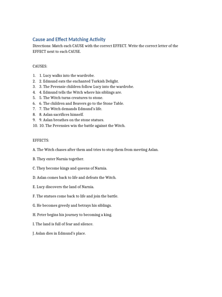 Narnia Cause and Effect Matching Activity | PDF