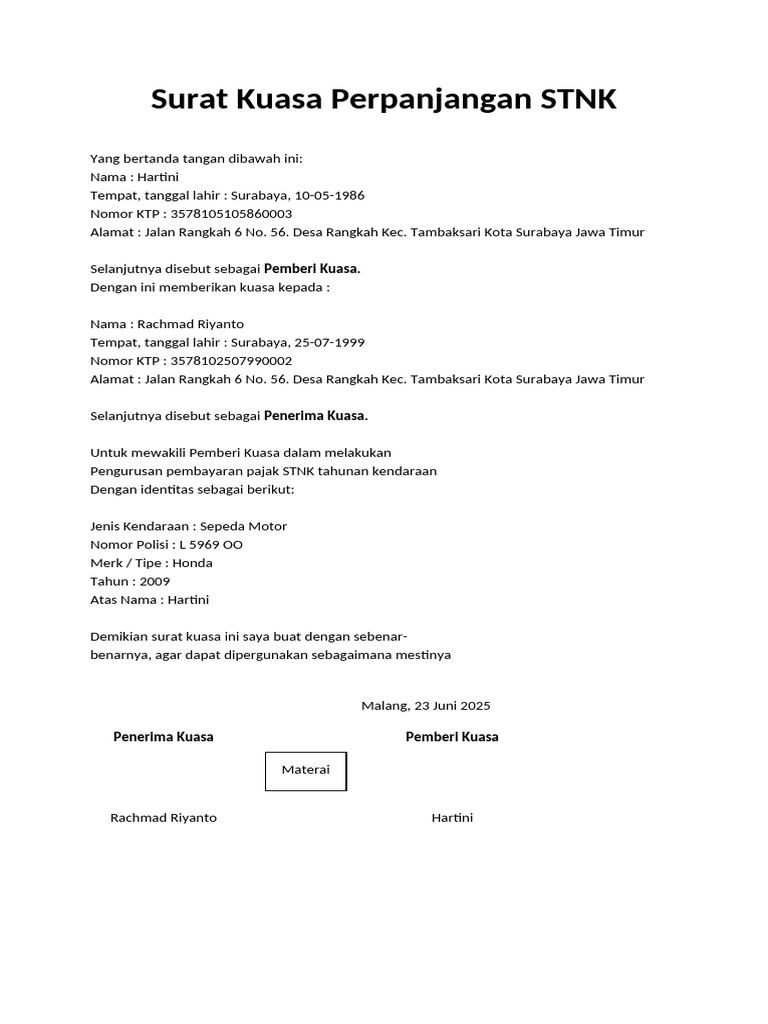 Surat Kuasa Perpanjangan STNK | PDF