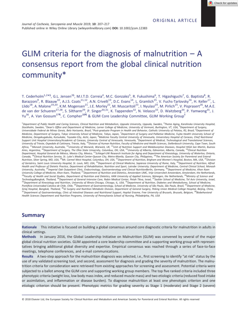 J Cachexia Sarcopenia Muscle - 2019 - Cederholm - GLIM Criteria For The ...