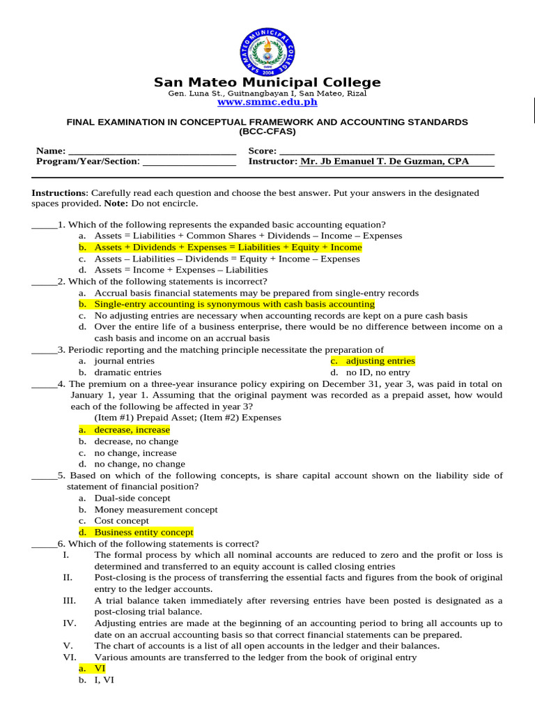 Ans. Key BCC Cfas Final Exams | PDF | Debits And Credits | Preferred Stock