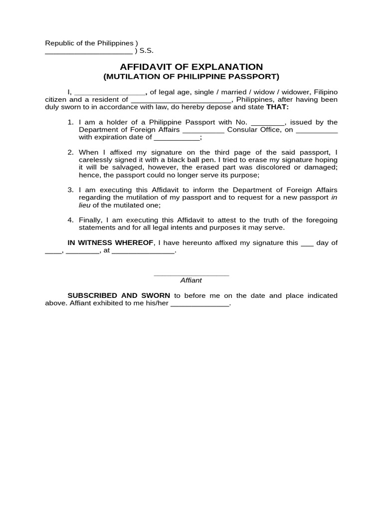 Affidavit for Mutilated Philippine Passport | PDF