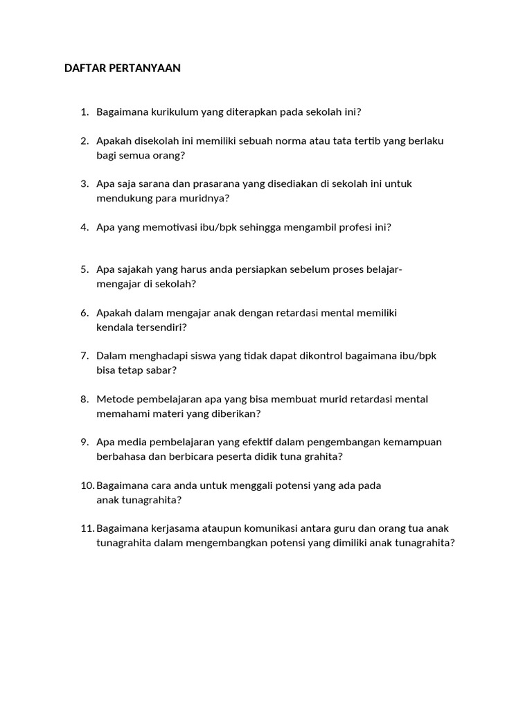 Contoh DAFTAR PERTANYAAN WAWANCARA Pada Guru | PDF