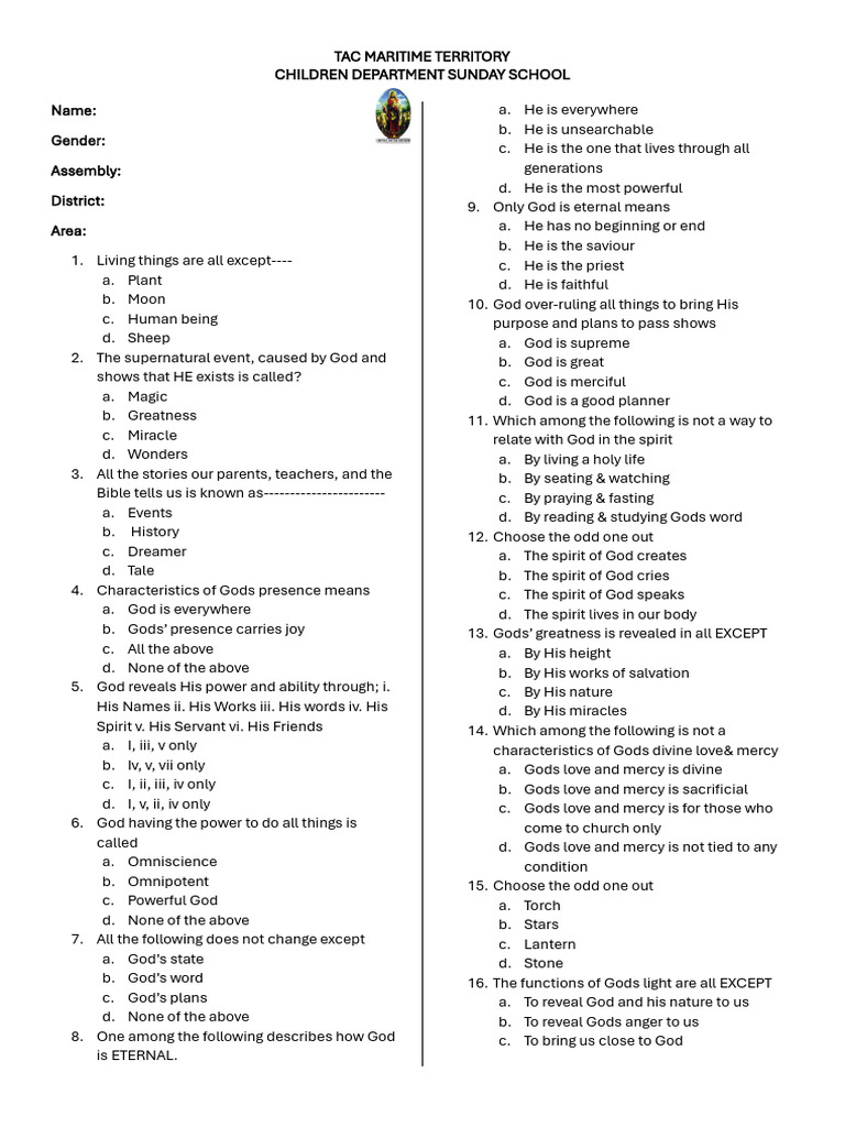 Sunday School Exam Questions 2025 | PDF | Religious Belief And Doctrine ...