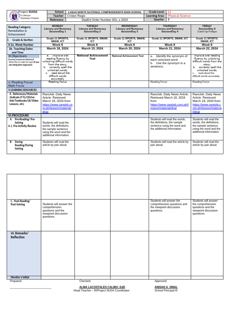 Project SUGA Daily Monitoring Sheet 2024 BLANK | PDF | Literacy | Pedagogy