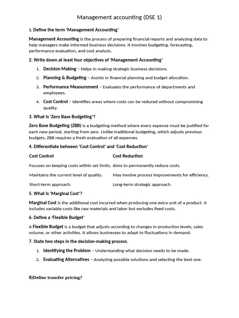 Management Accounting Dse 1 | PDF | Cost Accounting | Budget