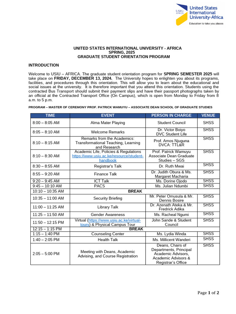 04 12 2024 Graduate Orientation Program - Spring 2025 | PDF