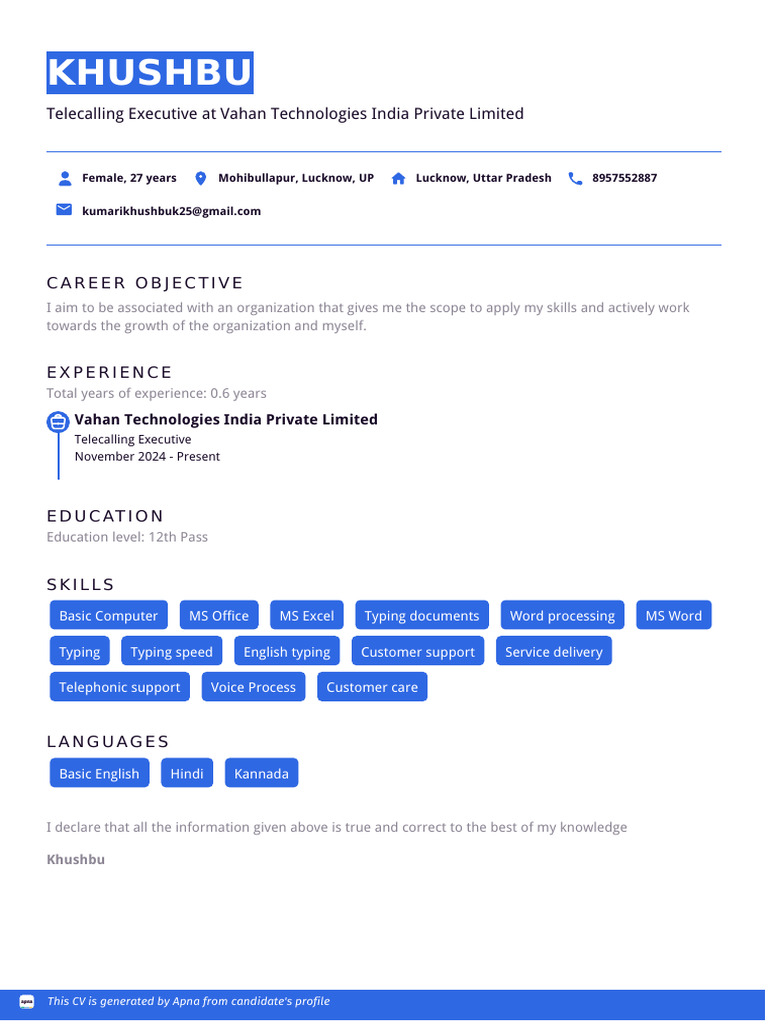 Khushbu Resume Apna | PDF