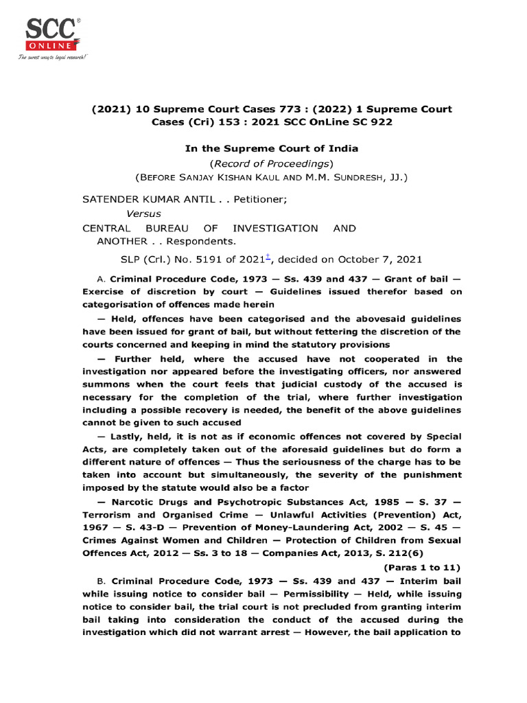 Satendra Kumar Antil 2021 10 SCC 1973 | PDF | National Supreme Courts | Judiciaries