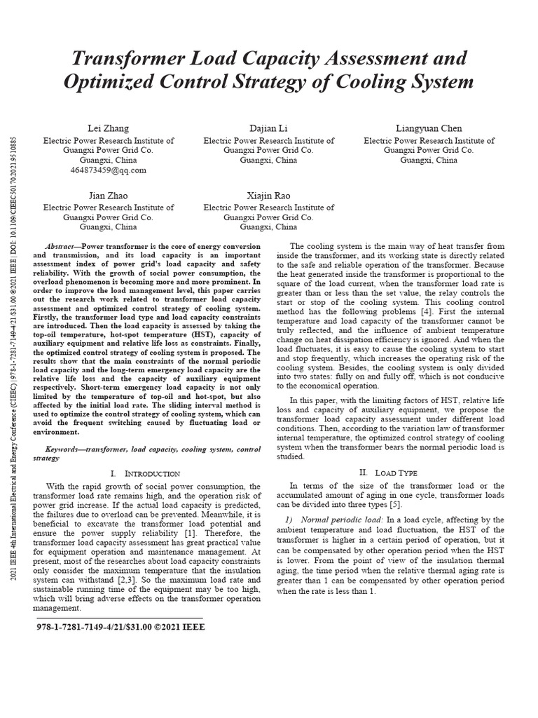 Transformer Load Capacity Assessment and Optimized Control Strategy of ...
