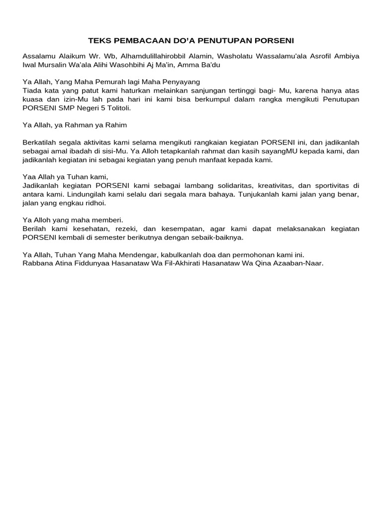Teks Doa Penutupan Porseni | PDF