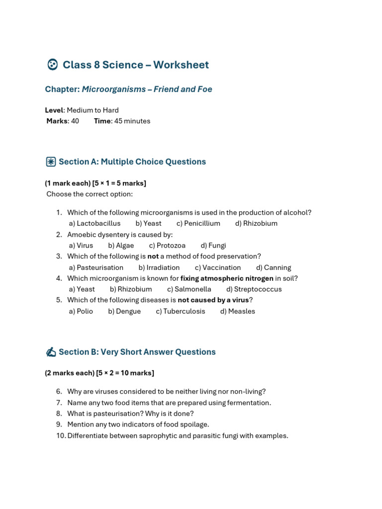 Class 8 Microorganisms Worksheet | PDF
