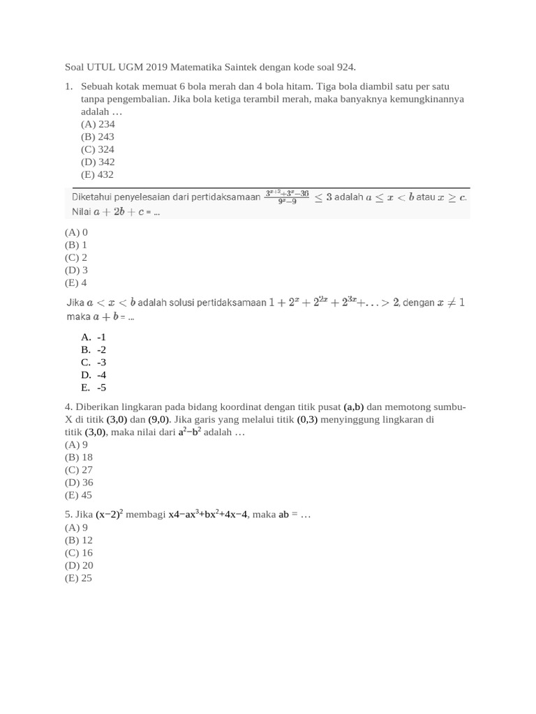 Soal UTUL UGM 2019 Matematika Saintek Dengan Kode Soal 924 | PDF