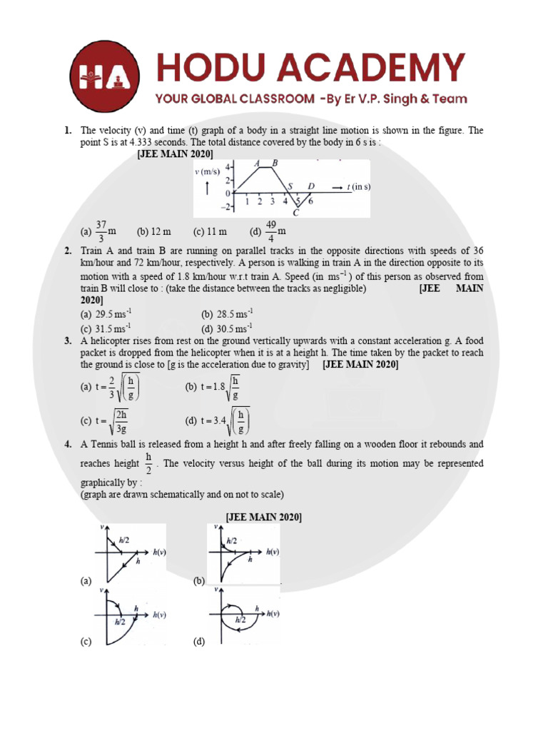 Motion in A Straight Line JEE Previous Year Questions With Solutions ...