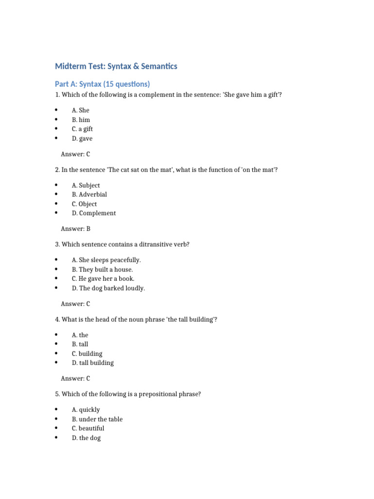 Midterm Syntax Semantics 30questions WithAnswers Updated | PDF | Verb | Semantics