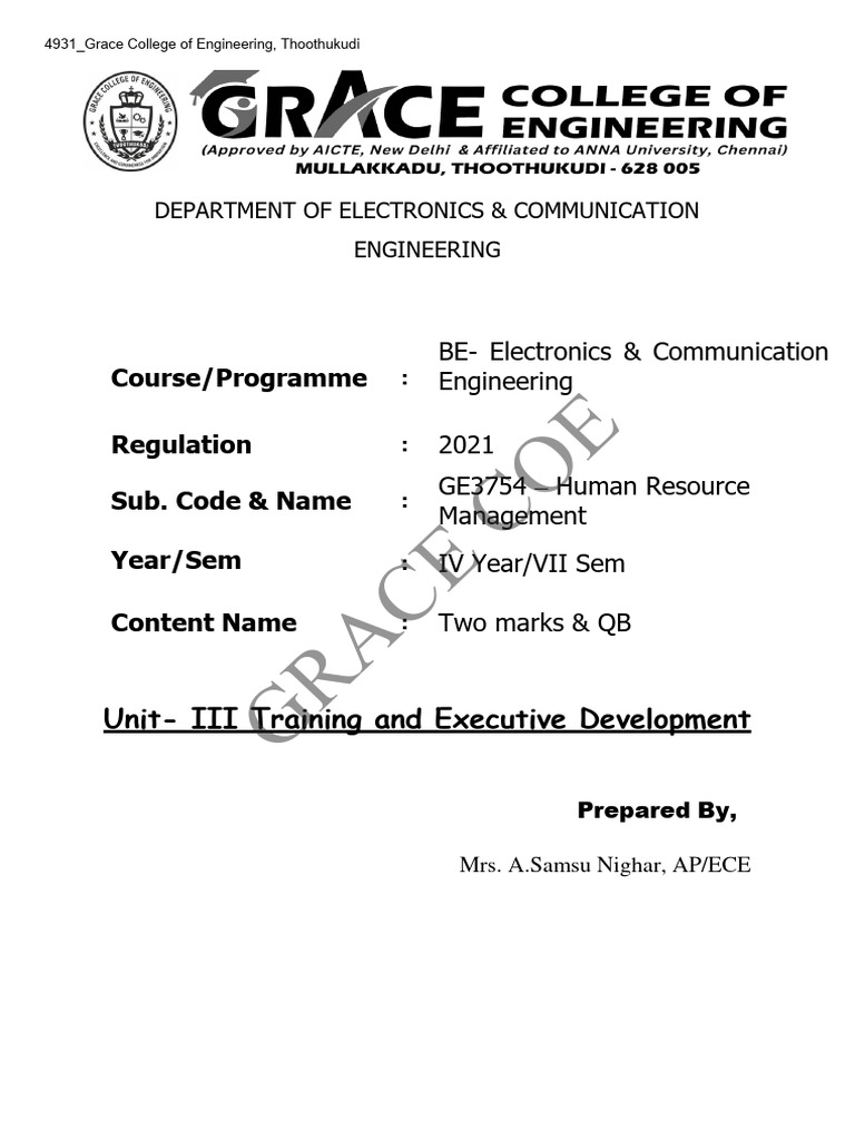 VII - Sem - GE3754 - HRM - QB - Unit 3 | PDF | Human Resource Management | Engineering