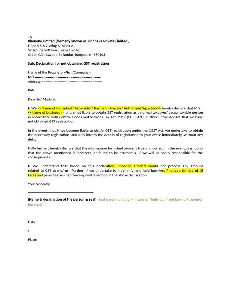 GSTIN Registration Declaration PDF | PDF